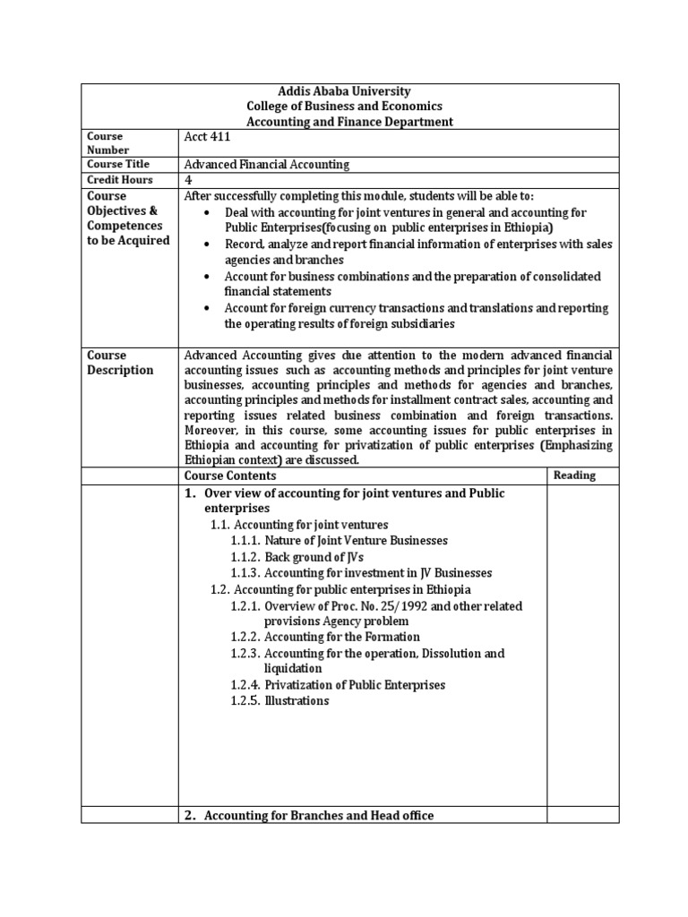 Course Outline Advanced Financial Accounting | PDF | Joint Venture ...