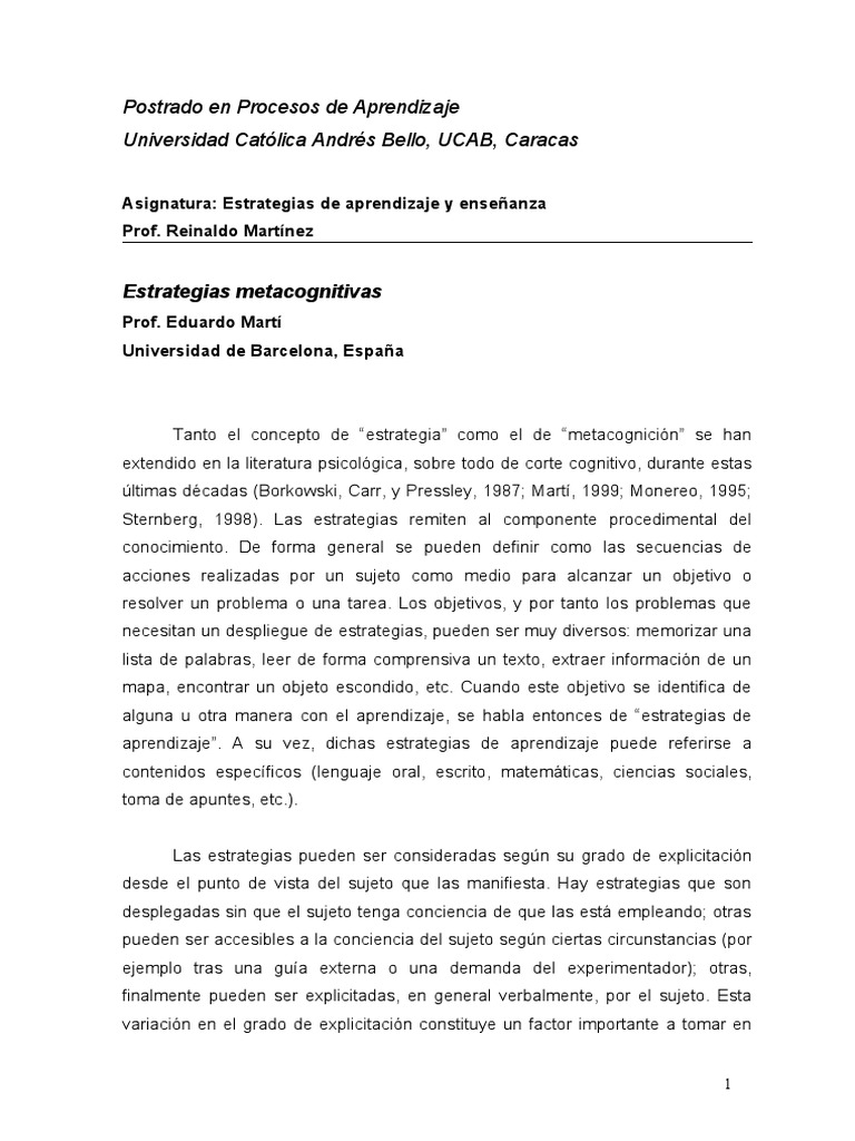 Conferencia - Edward - Marti - 2000 Estrategias Metacognitivas | PDF ...