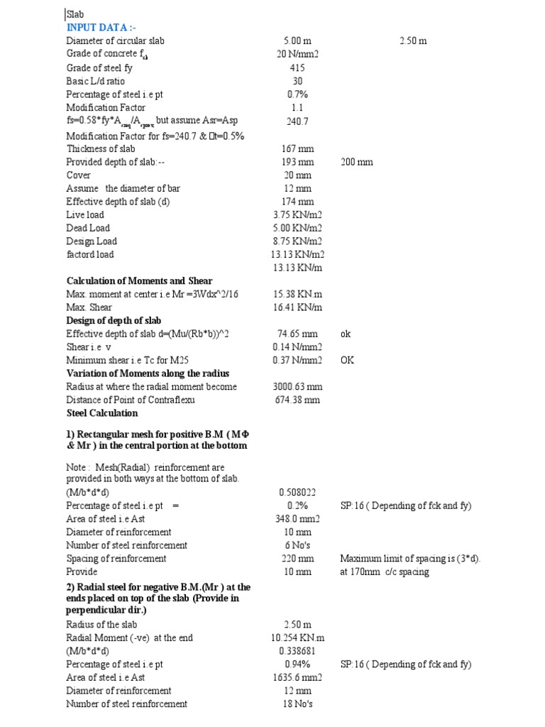 Circular Slab Design and Reinforcement Calculation | PDF | Mechanical ...