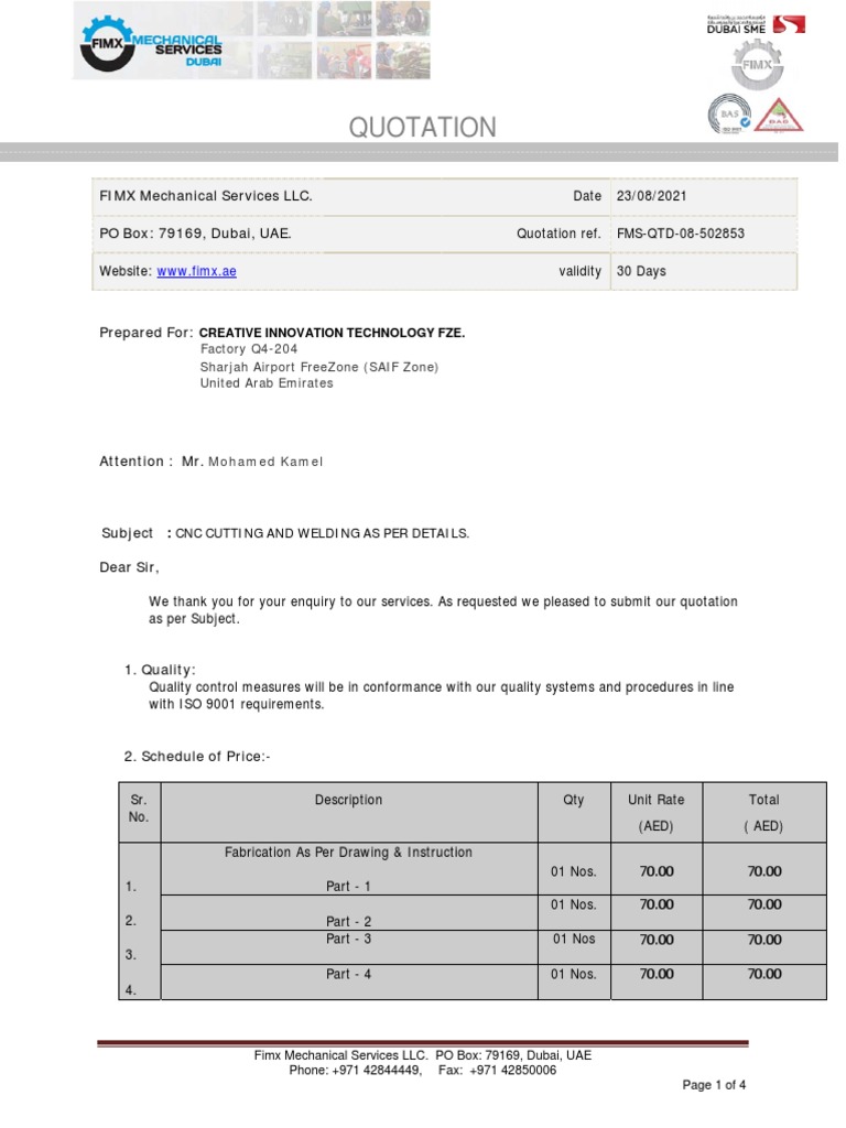 Quotation: FIMX Mechanical Services LLC. PO Box: 79169, Dubai, UAE ...