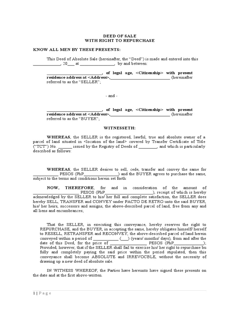Sample Deed of Absolute Sale With Right To Repurchase | PDF | Sales ...