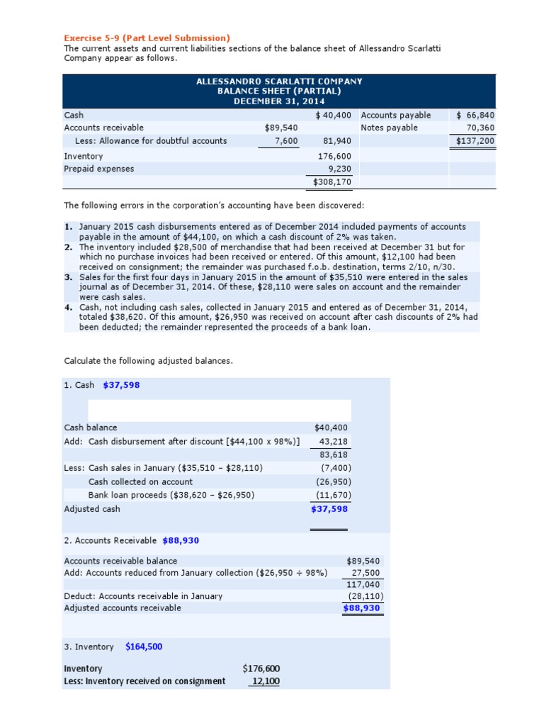 Exercise 5-9 (Part Level Submission) : Allessandro Scarlatti Company Balance Sheet (Partial ...