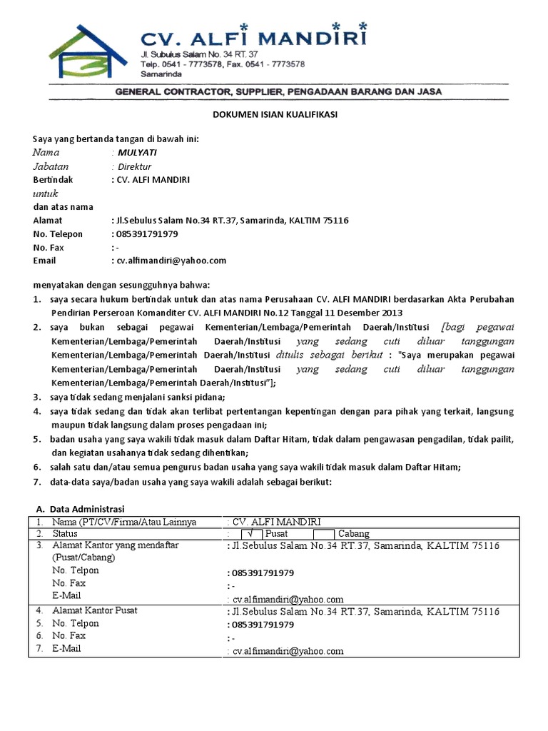 Isian Kualifikasi CV. Alfi Mandiri | PDF