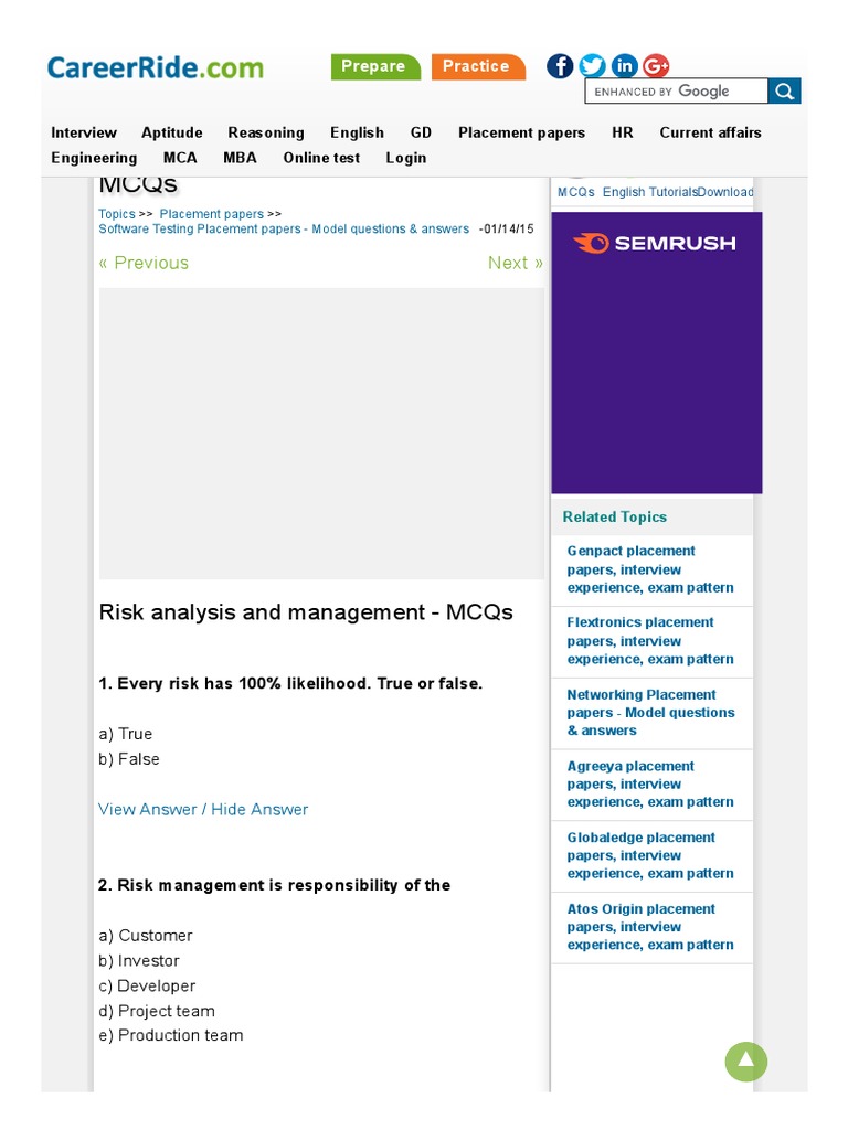 Risk Analysis and Management - MCQs | PDF | Risk | Software Testing Risk Analysis and Management - MCQs | PDF | Risk | Software Testing