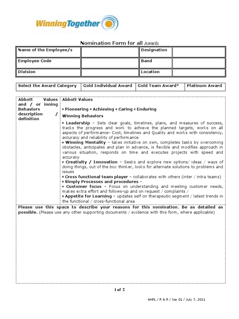 R&R Nomination Form | PDF | Cognition | Psychological Concepts