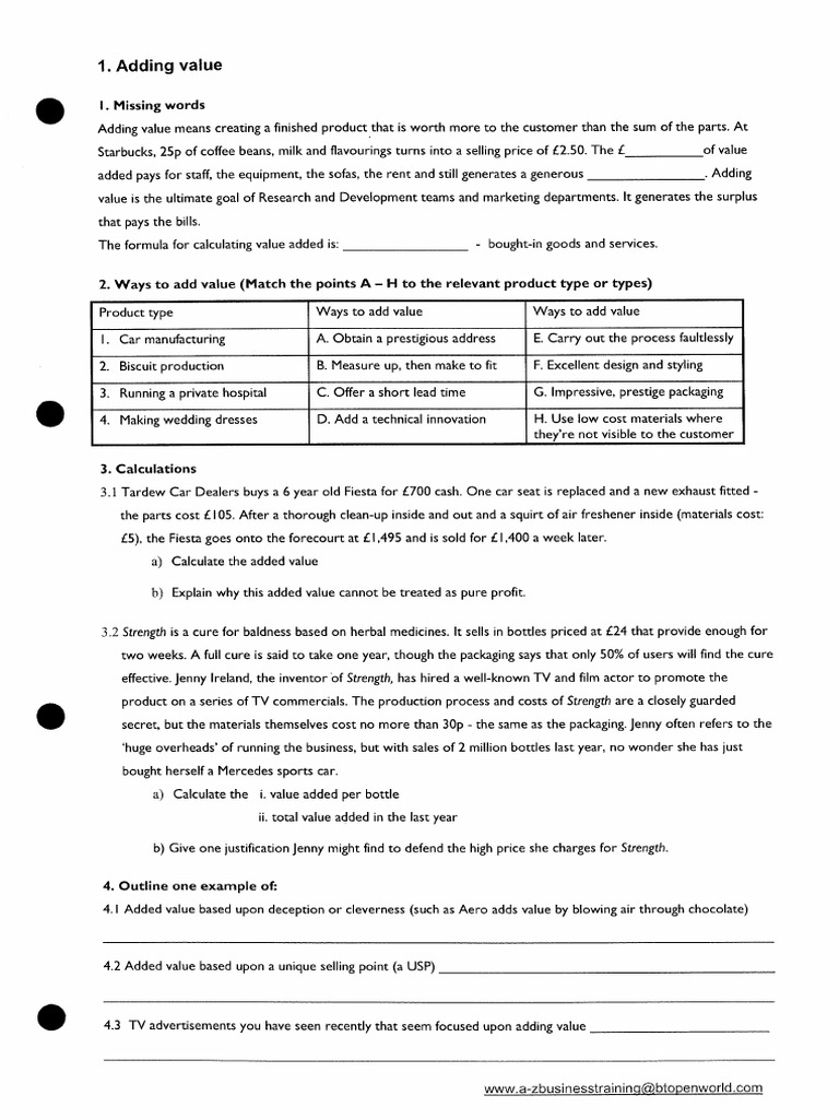 Added Value Worksheet | PDF