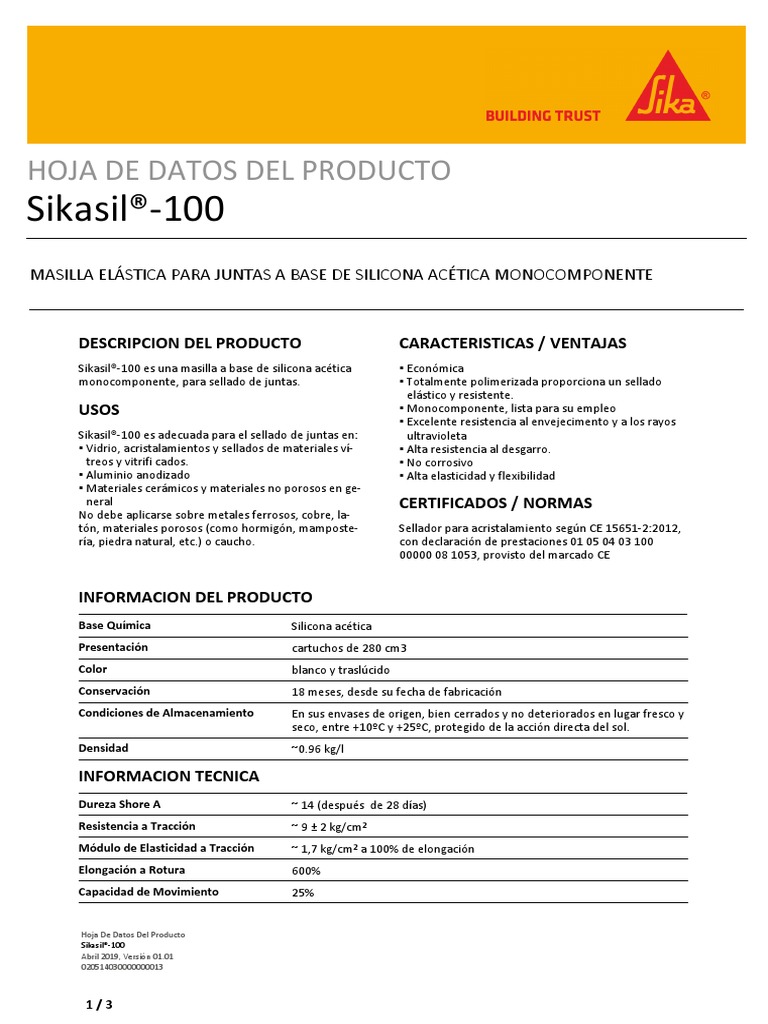 Sikasil - 100 HOJA DE SEGURIDAD | PDF | Silicona | Materiales