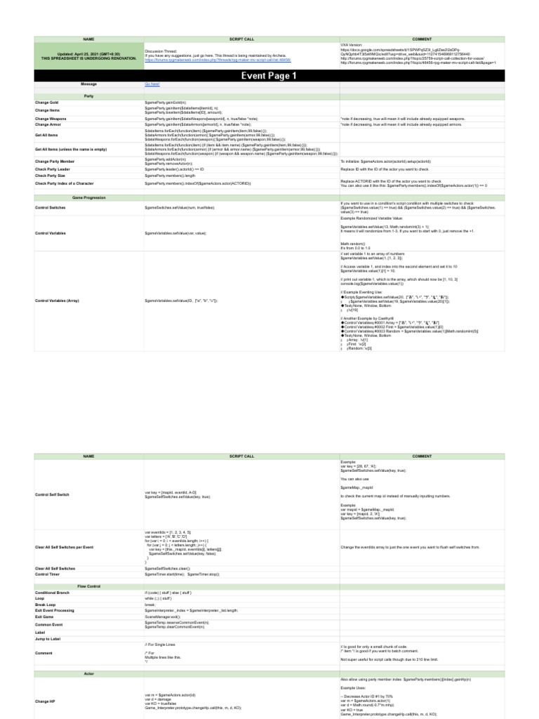 RPG MAKER MV - MZ Script Calls - Event Pages Script Call | PDF | Control Flow | Computer Science