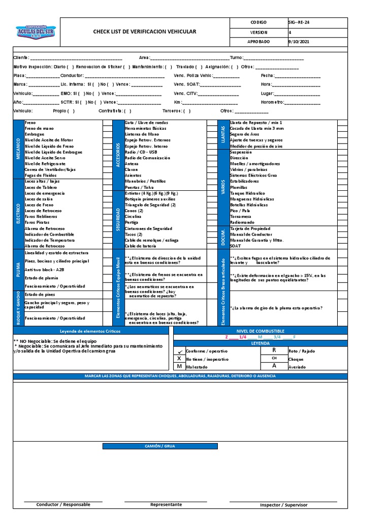 Sig-Re-24 Check List de Verificacion Vehicular V.04 | PDF | Vehículos ...