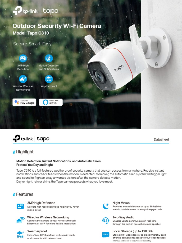 Outdoor Security Wi-Fi Camera: Model: Tapo C310 | PDF | Camera ...