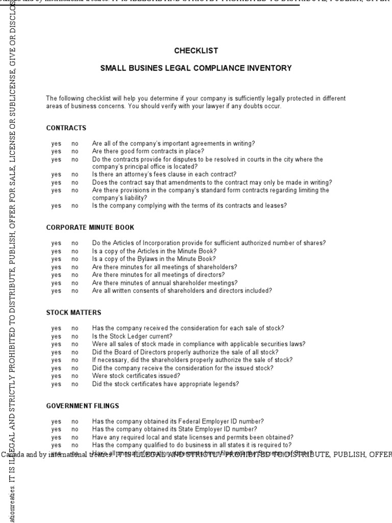 Checklist - Small Business Legal Compliance Inventory | PDF | License ...