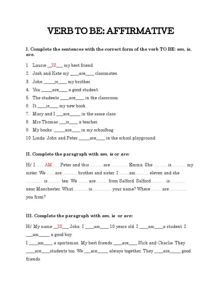 Verb To Be: Affirmative: I. Complete The Sentences With The Correct ...