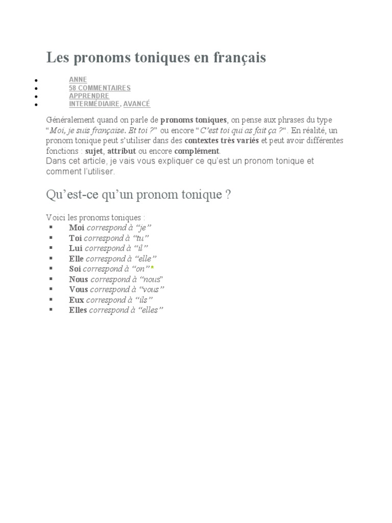 Les Pronoms Toniques en Français | PDF | Complément d'objet | Pronom