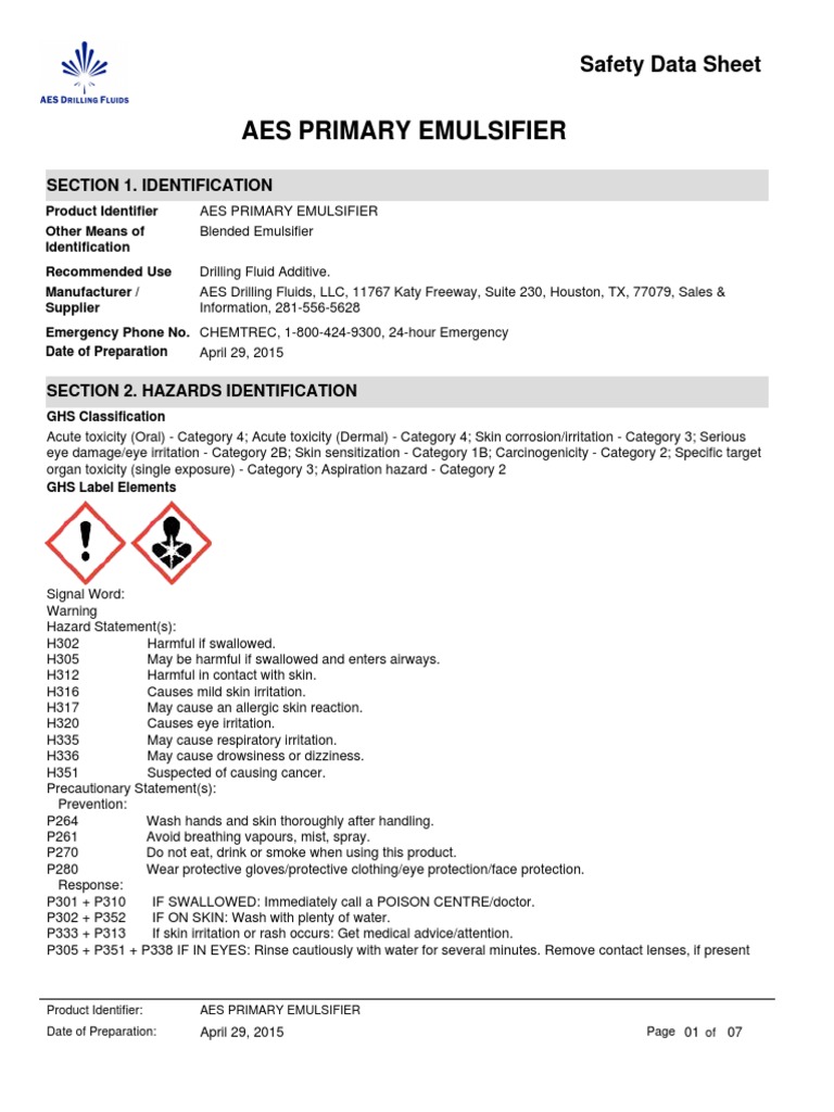 Aes Primary Emulsifier SDS 04-2015 | PDF | Dangerous Goods | Toxicity