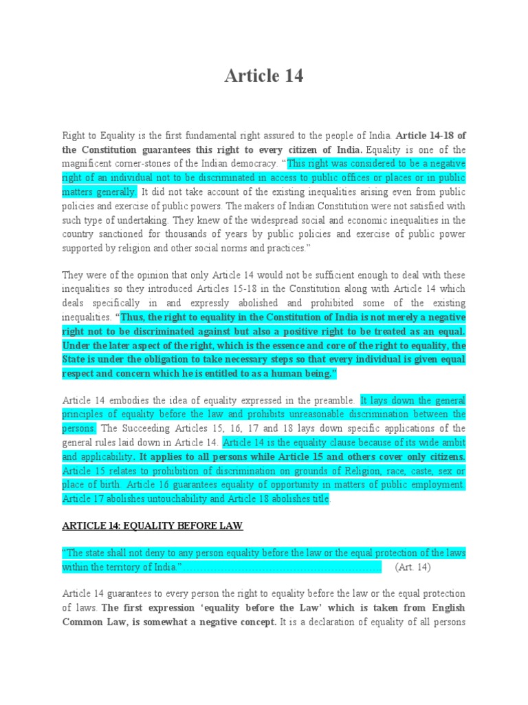 Art 14 Students Notes Pdf Equal Protection Clause European