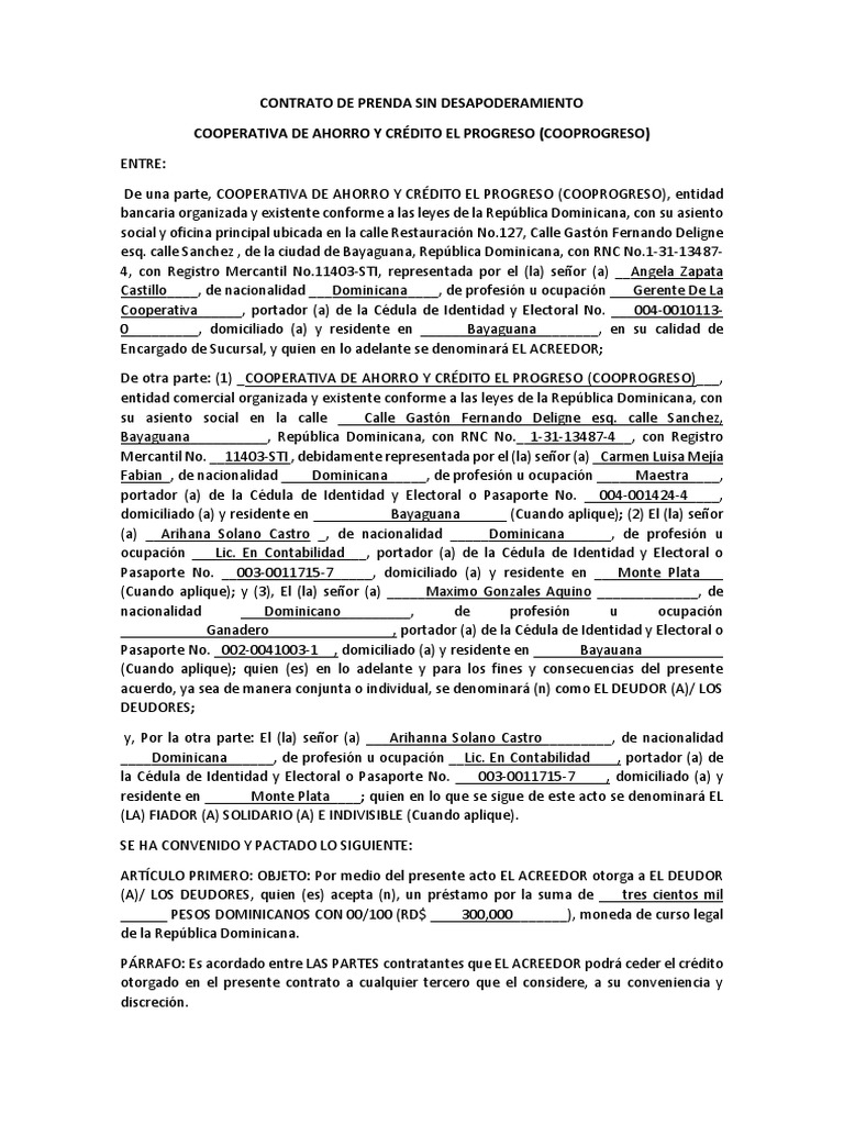 Contrato de Prenda Sin Desapoderamiento 1111 | PDF | Pagos | Crédito