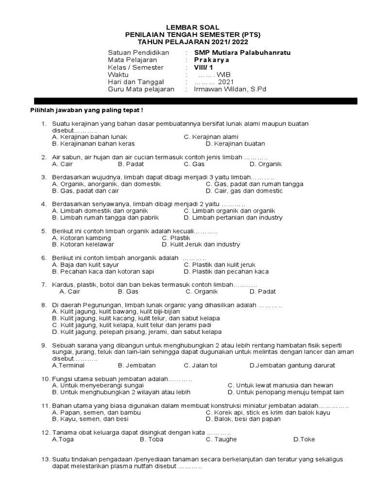Soal Pts Kelas 8 2021 | PDF