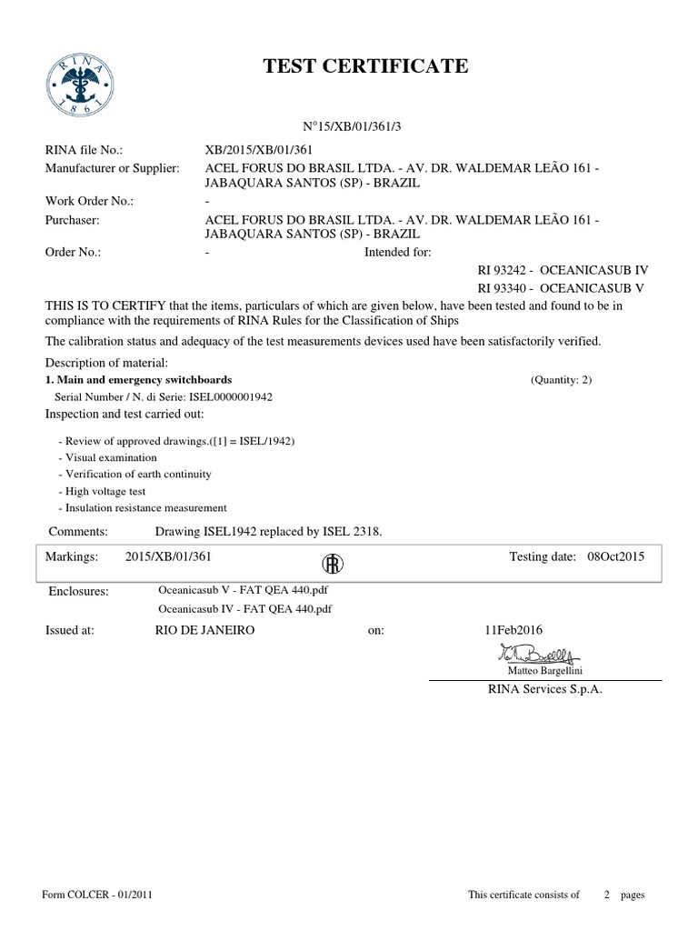 Test Certificate: 1. Main and Emergency Switchboards | PDF | Private ...