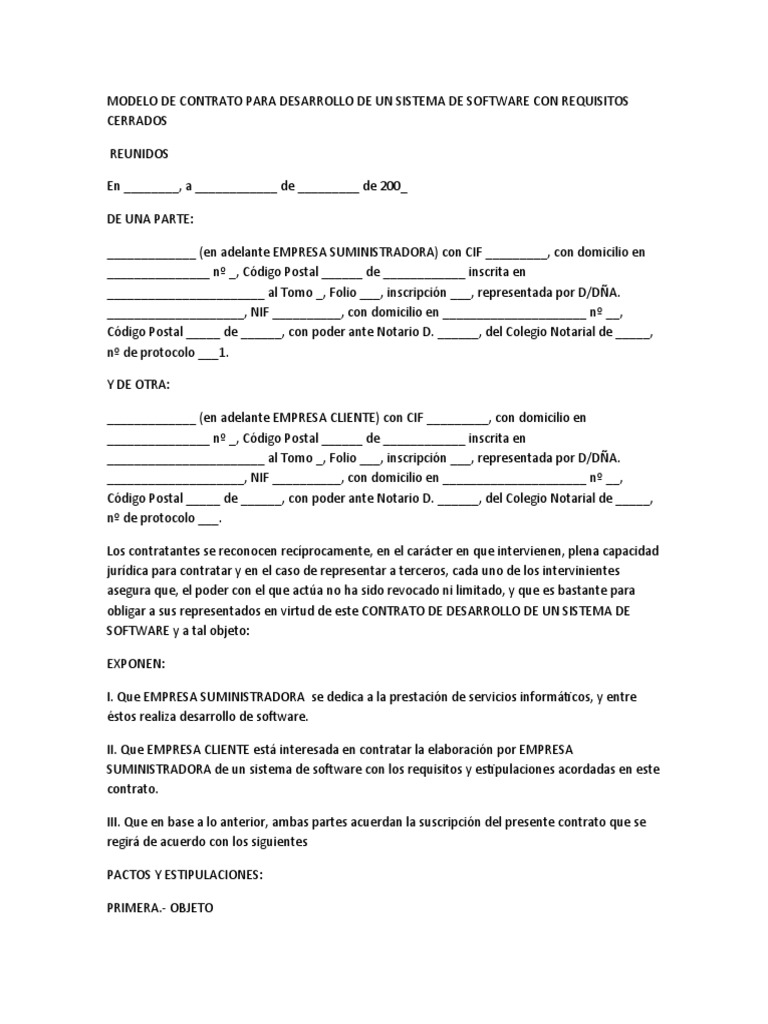 MODELO DE CONTRATO PARA DESARROLLO DE UN SISTEMA DE SOFTWARE CON ...