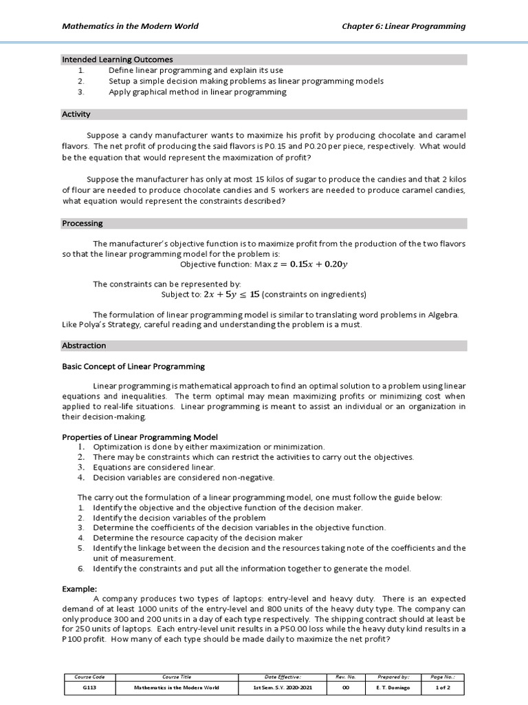 Mathematics in The Modern World Chapter 6: Linear Programming | PDF ... Mathematics in The Modern World Chapter 6: Linear Programming | PDF ...