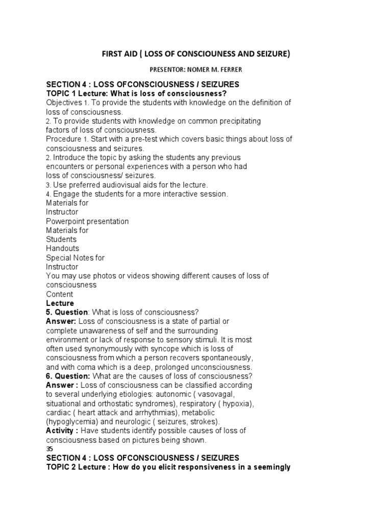 First Aid (Loss of Consciouness and Seizure) : Presentor: Nomer M ...