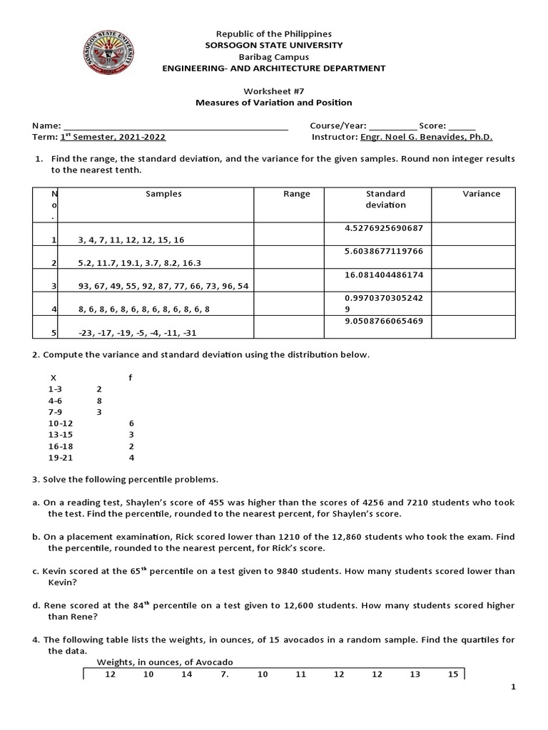 Worksheet - 7 (Measures of Variation) .Docx | PDF | Percentile ...