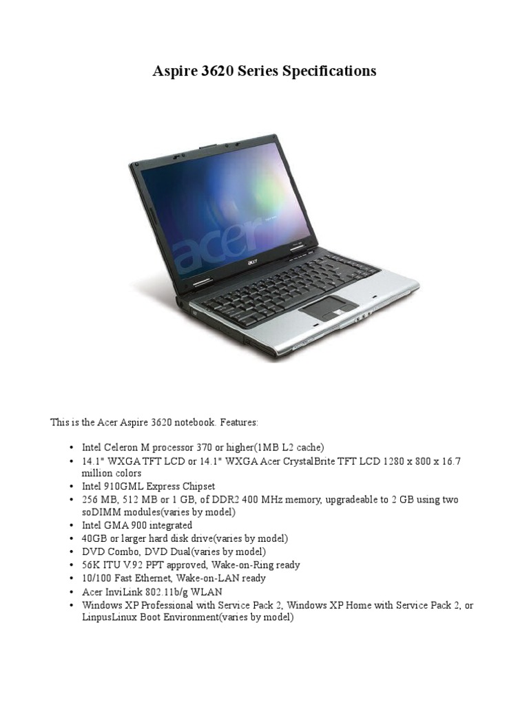 Aspire 3620 Series Specifications | PDF | Random Access Memory | Bios
