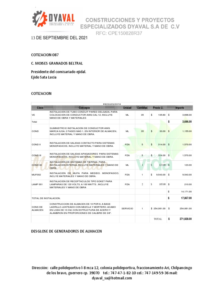 Cotización de Instalaciones y Construcción | PDF | edificio | Ingeniero civil