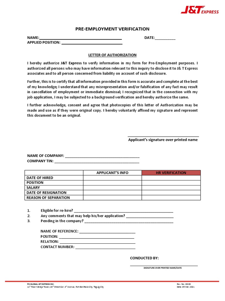 Pre Employment Verification Form | PDF | Common Law | Justice