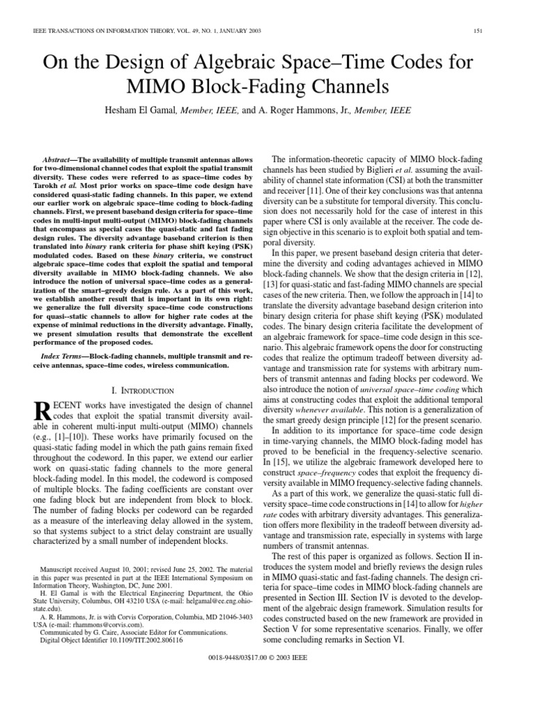 On The Design of Algebraic Space-Time Codes For MIMO Block-Fading Channels | Download Free PDF ...
