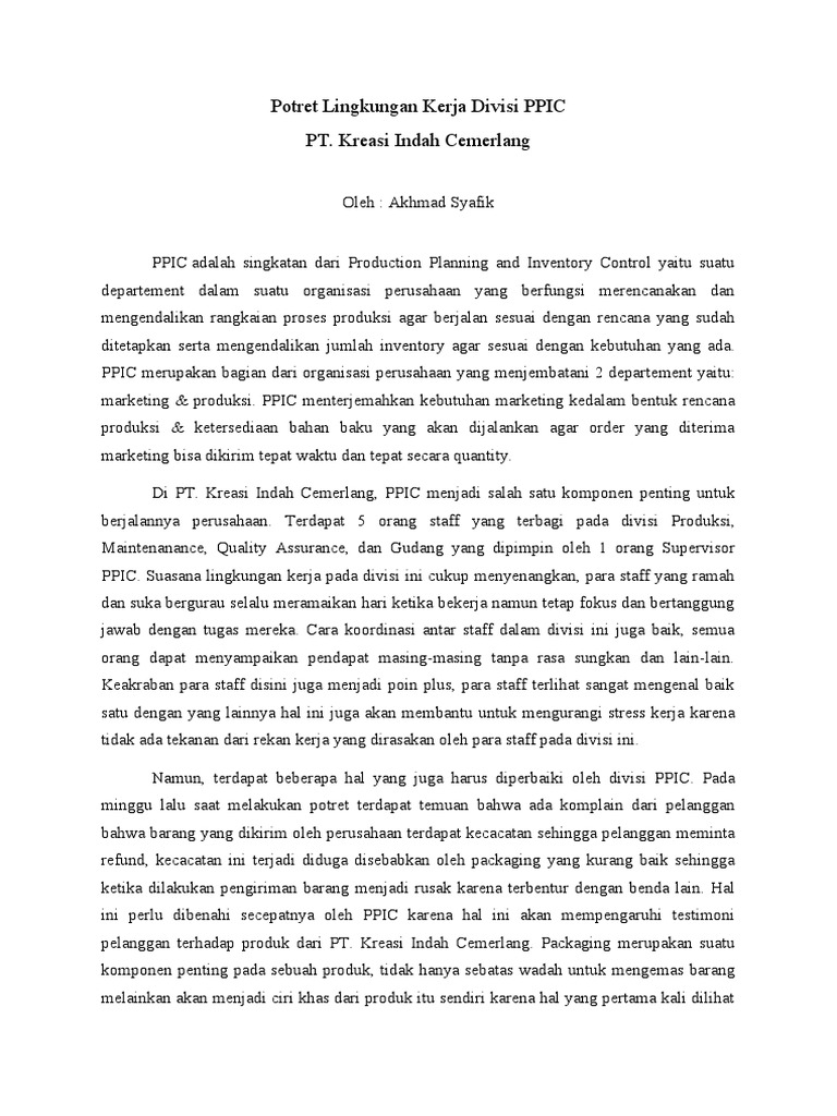 Potret Lingkungan Kerja Divisi PPIC PT - Kreasi Indah Cemerlang | PDF | Karier & Perkembangan ...