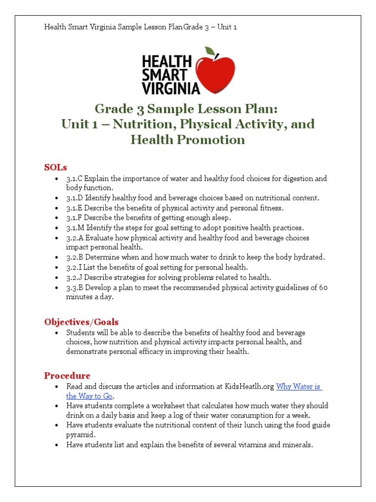 Grade 3 Sample Lesson Plan: Unit 1 - Nutrition, Physical Activity, and ...