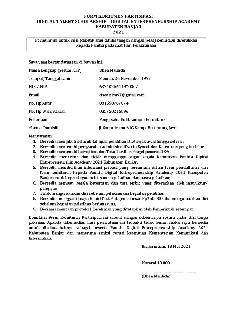 Form Komitmen Partisipasi | PDF | Bisnis