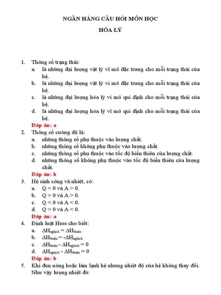 (123doc) Cau Hoi Trac Nghiem Mon Hoc Ly Hoa Co Dap An | PDF