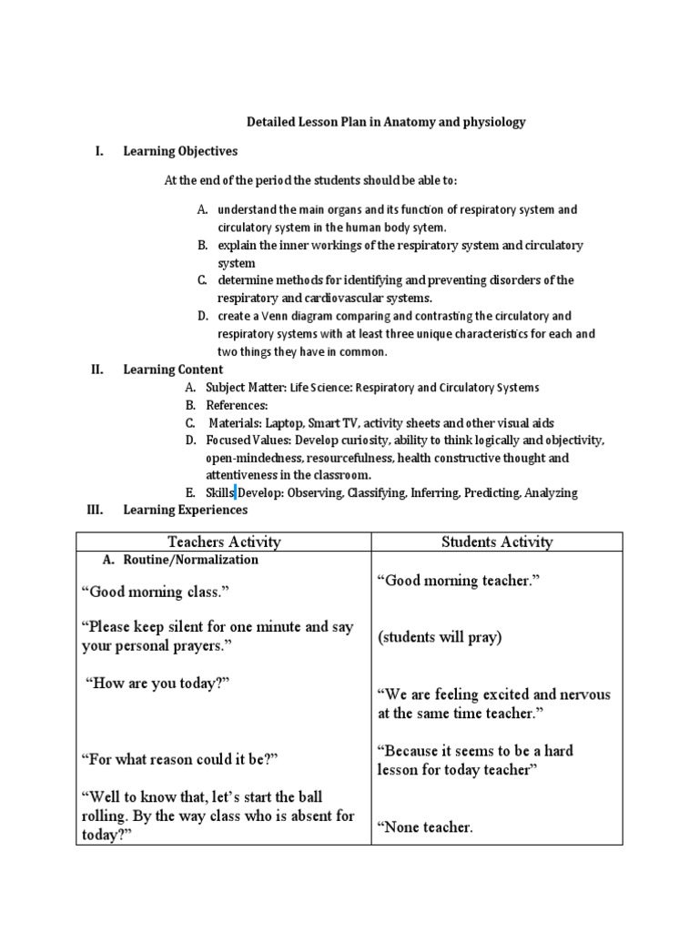 Detailed Lesson Plan in Anatomy and Physiology | PDF | Blood | Lung