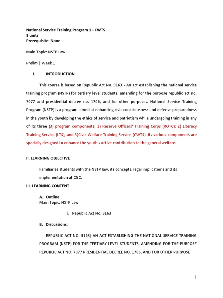 National Service Training Program 1 - CWTS 3 Units Prerequisite: None ...