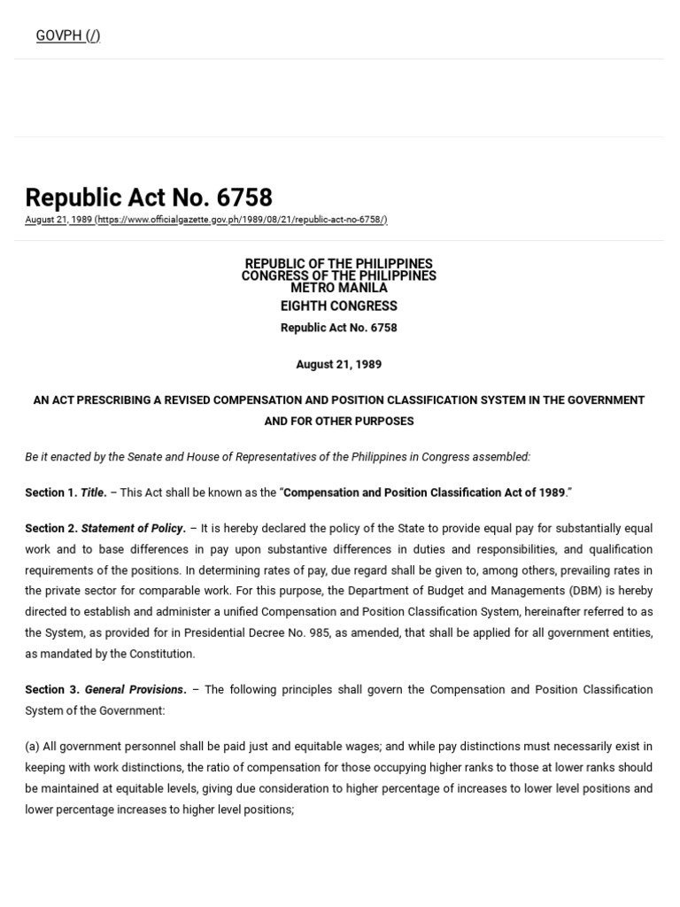 RA No. 6758 - Compensation and Classification Act of 1989 | PDF ...