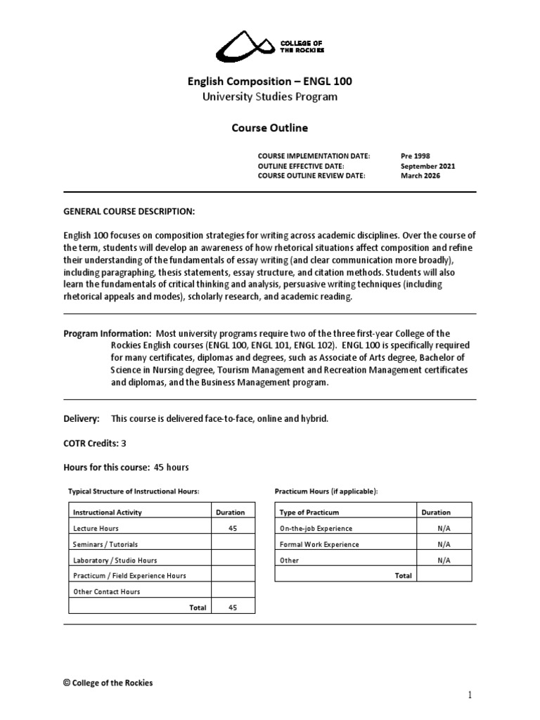 English Composition - ENGL 100 Course Outline: University Studies ...