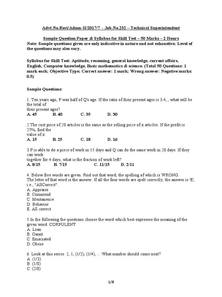 Sample Question Paper Job 232 | PDF | Pump | Weight