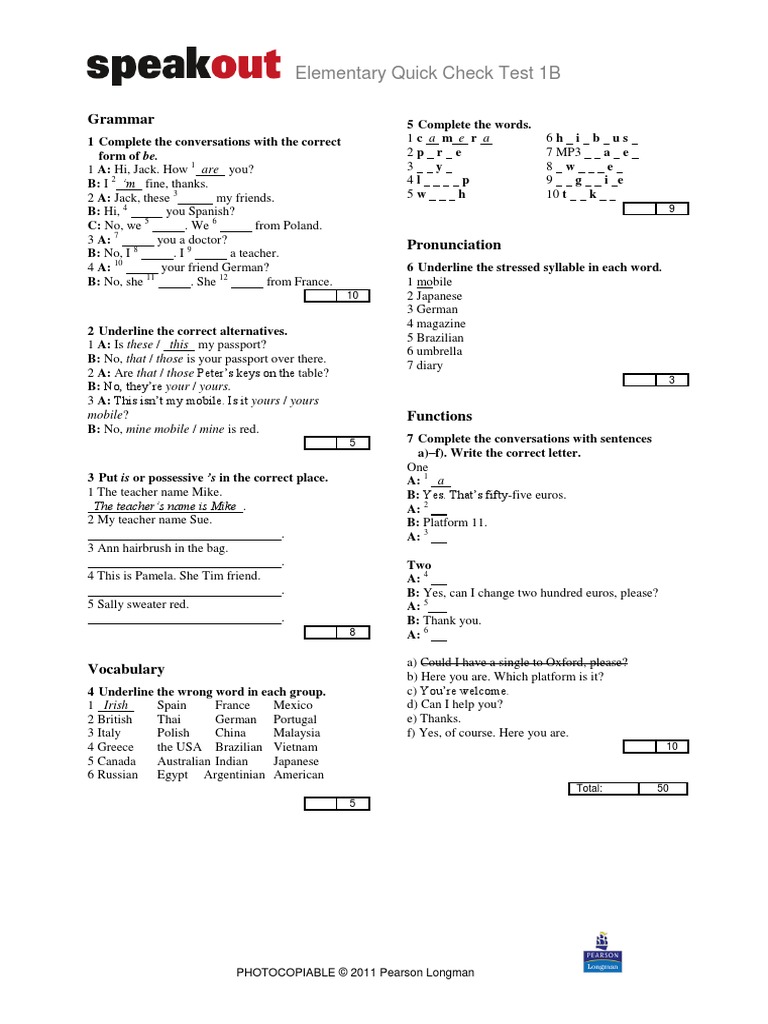 Elementary Quick Check Test 1B: Grammar | PDF | Communication | Linguistics
