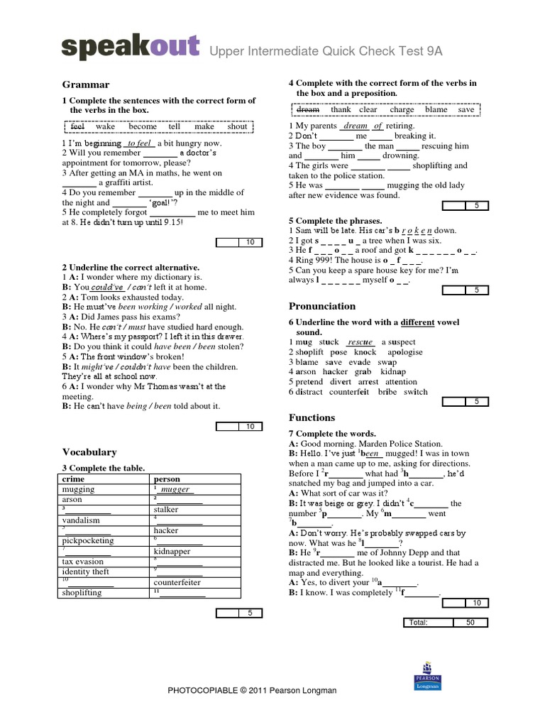 Upper Intermediate Quick Check Test 9A: Grammar | PDF | Linguistics