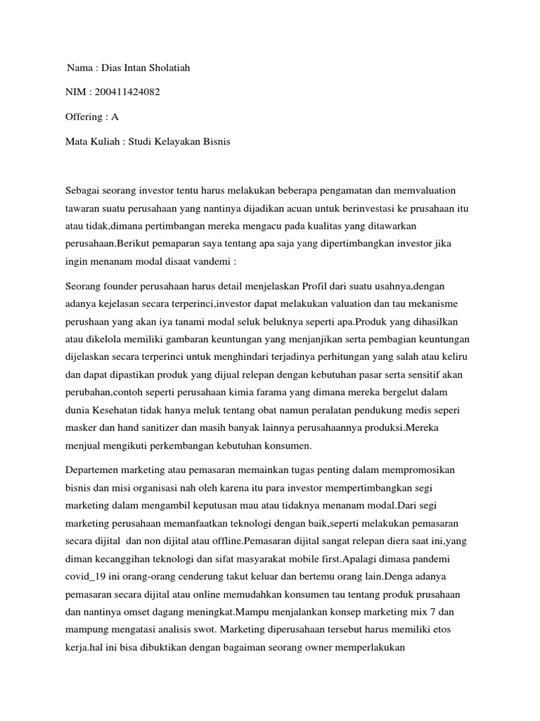 Studi Kelayakan Bisnis, Tugas Per-2, TGL Pemberian Tugas 07,09,2021-Dikonversi | PDF