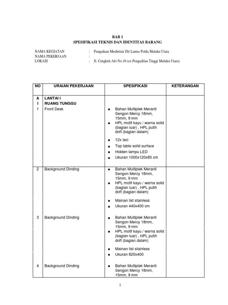 Spesifikasi Teknis Dan Identitas Barang | PDF