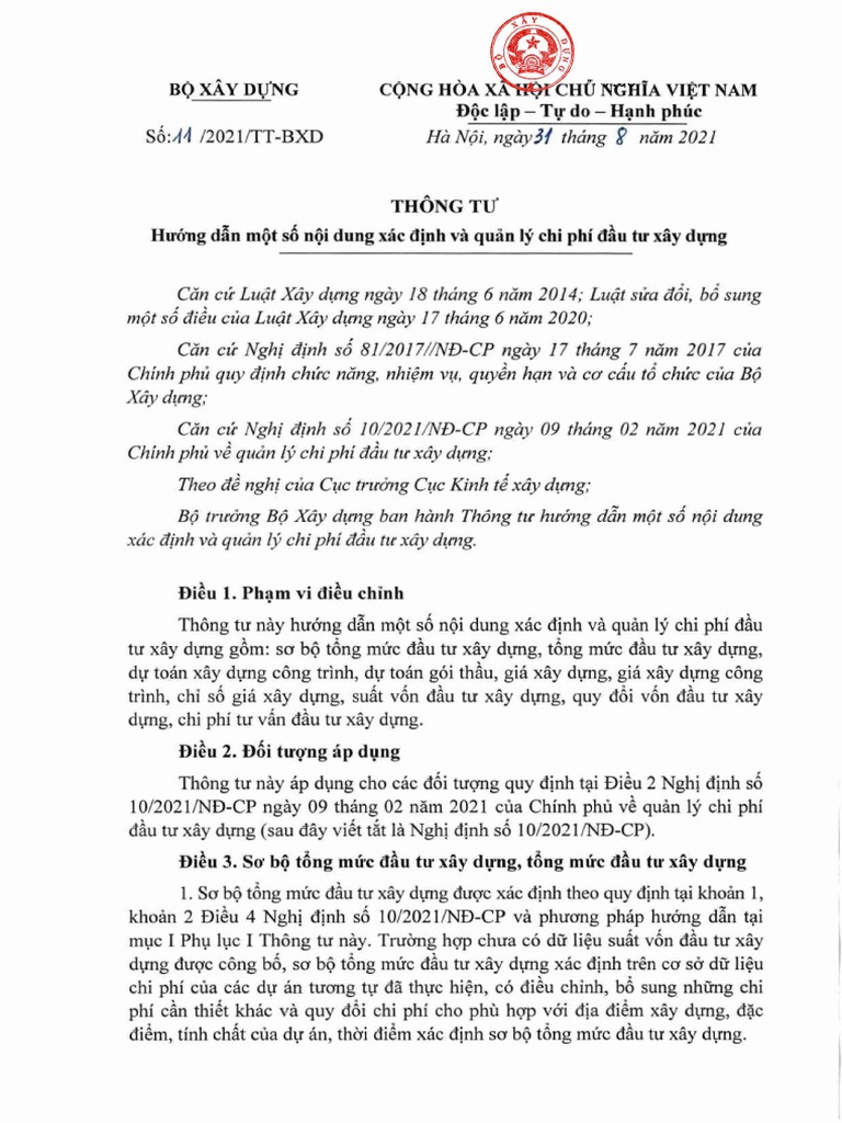 TT-11 - 2021 - TT-BXD (Quan Ly Chi Phi Dau Tu) | PDF