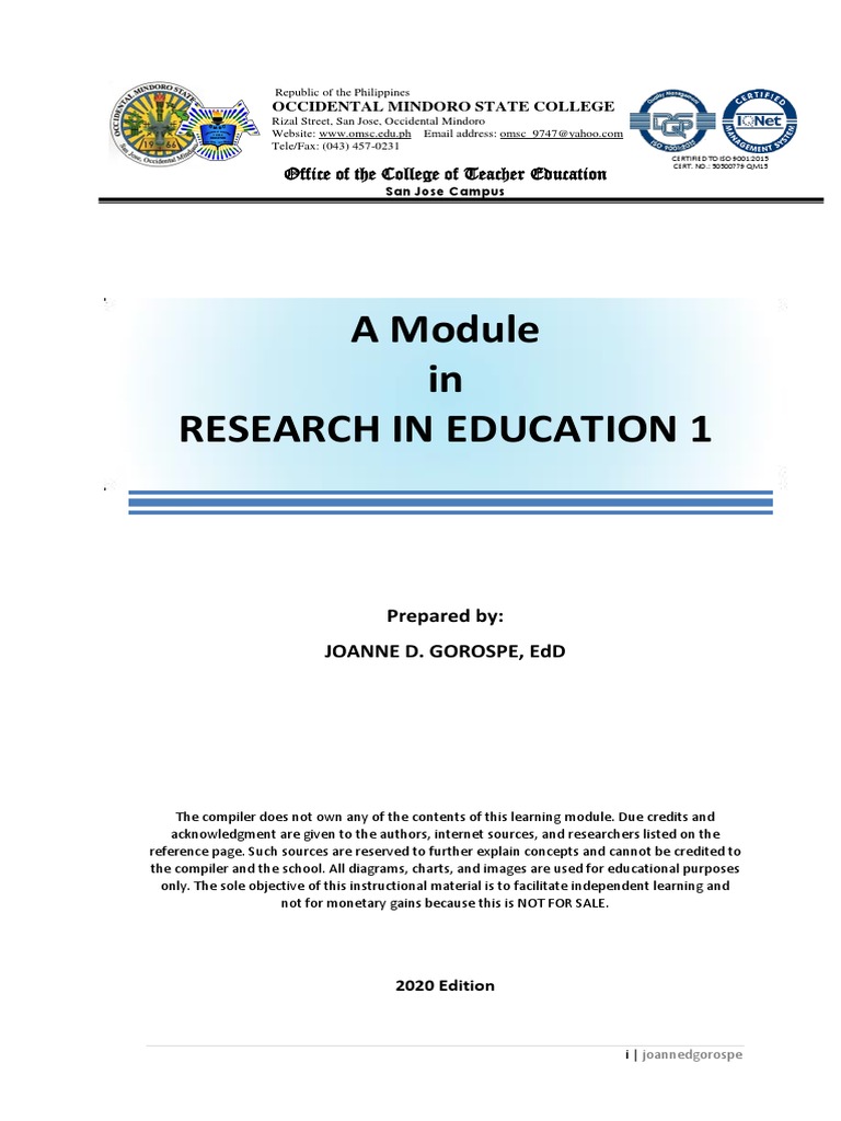 A Module in Research in Education 1: Office of The College of Teacher ...