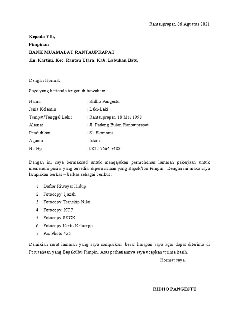 SURAT LAMARAN Ridho Bank Mandiri | PDF