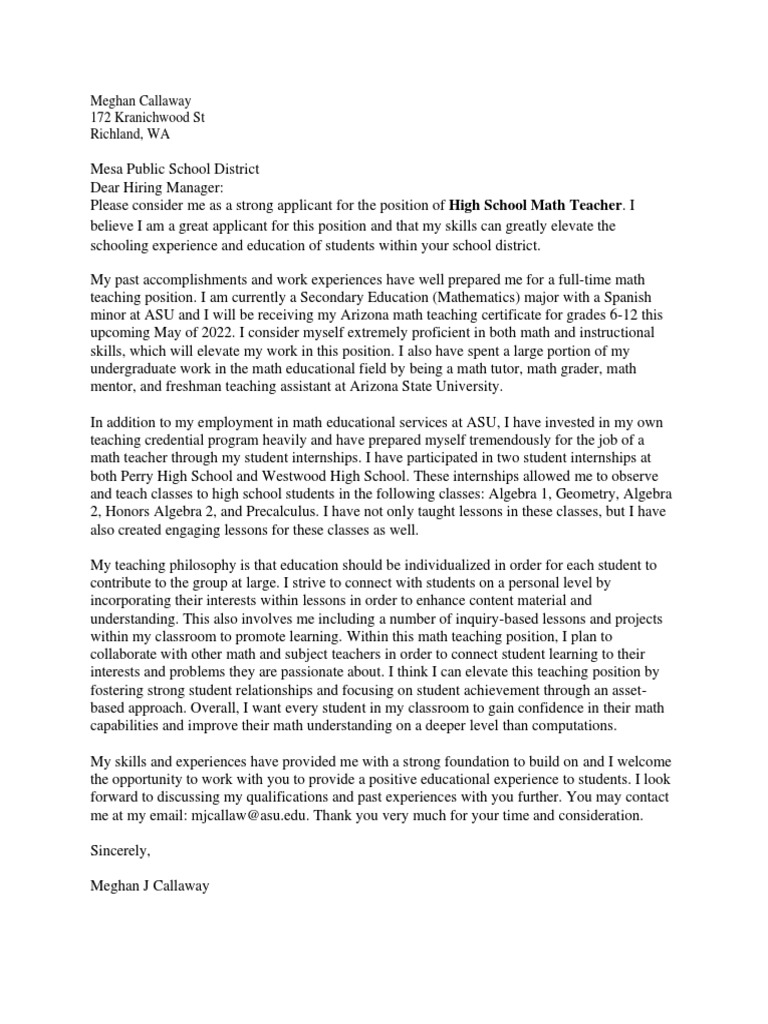 Meghan Callaway Class Cover Letter | PDF | Mathematics | Teachers