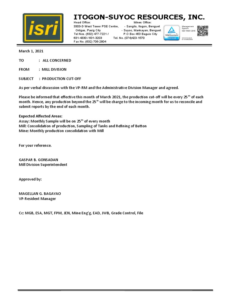 Production Cut-Off Notification | PDF | Technology & Engineering