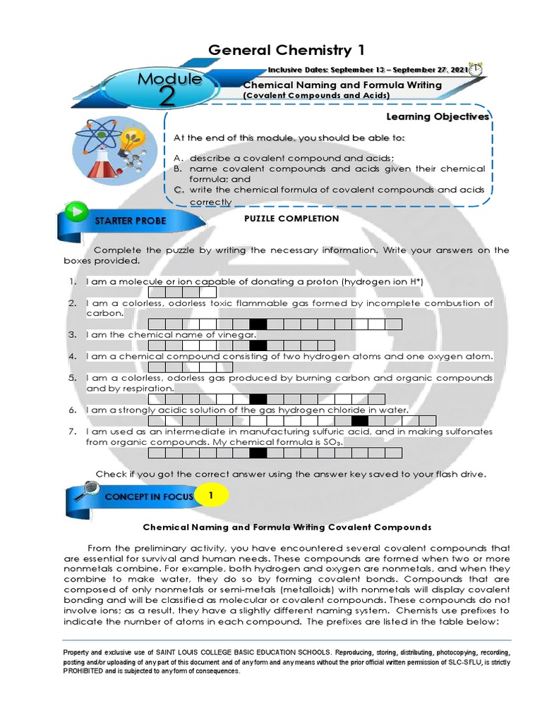 General Chemistry 1: Chemical Naming and Formula Writing Learning ...