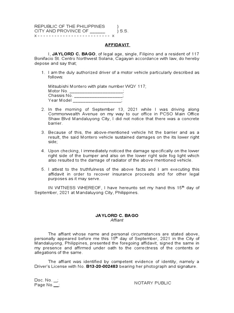 Affidavit For Insurance Claim | PDF